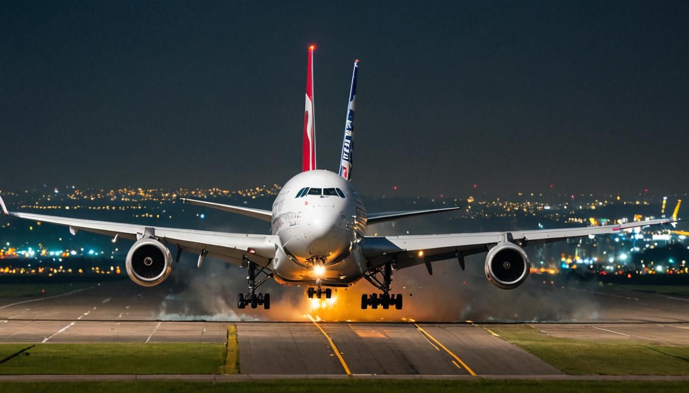 An Airbus A380, illuminated by runway lights, approaches the ground ...