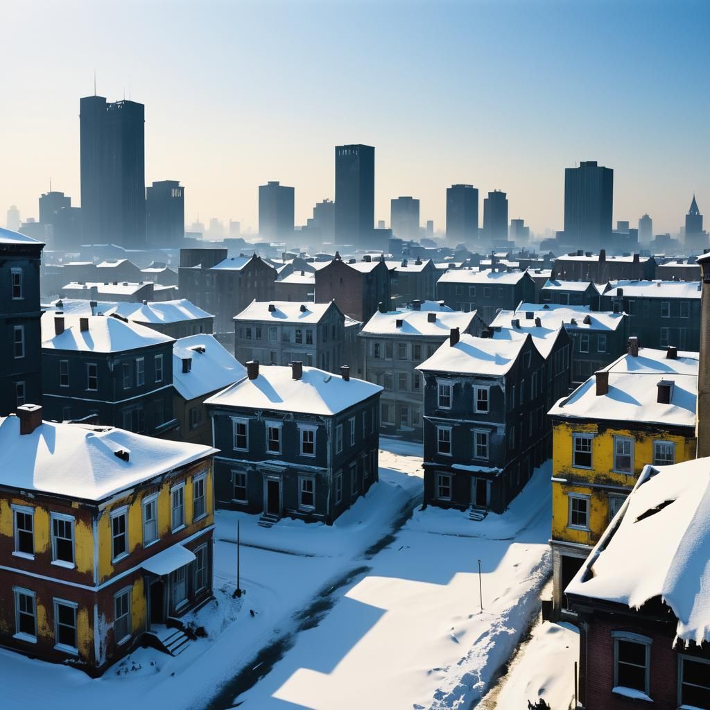 A snowy city silhouette, showing signs of life in the frost, unfolds ...