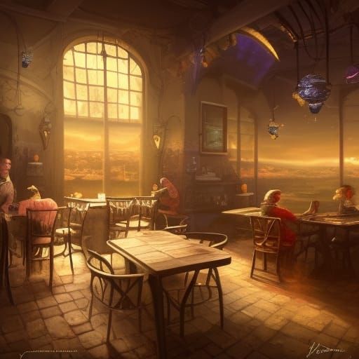night cafè with me on a table drawing detailed matte painting, deep ...