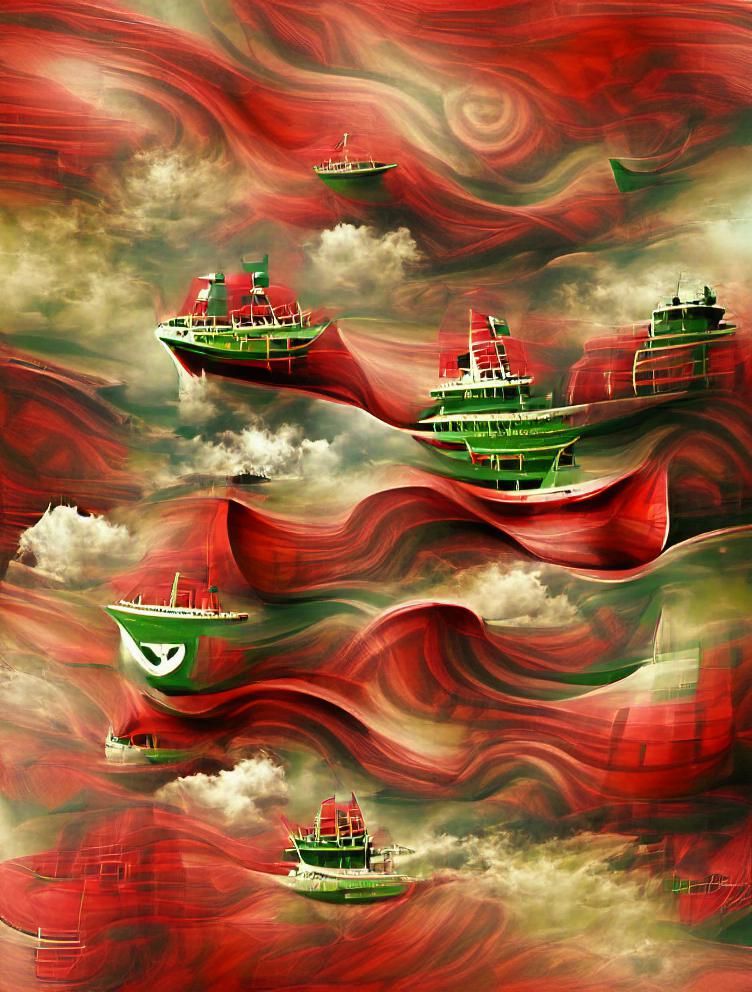 LARGE RED SHIPS IN GREEN SEA GEOMETRIC SURREAL SWIRLS - AI Generated ...