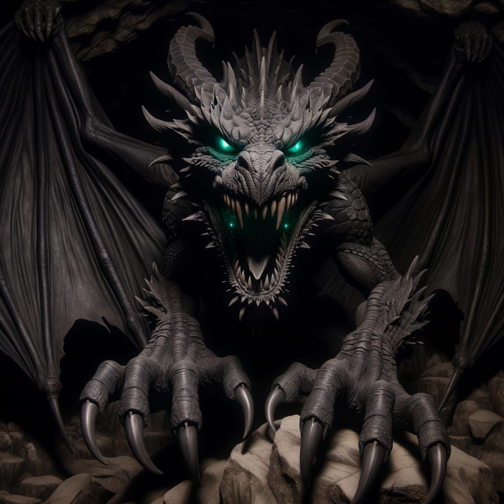 Ethereal Demon Dragon Concealed in Dark Cave Lair - AI Art