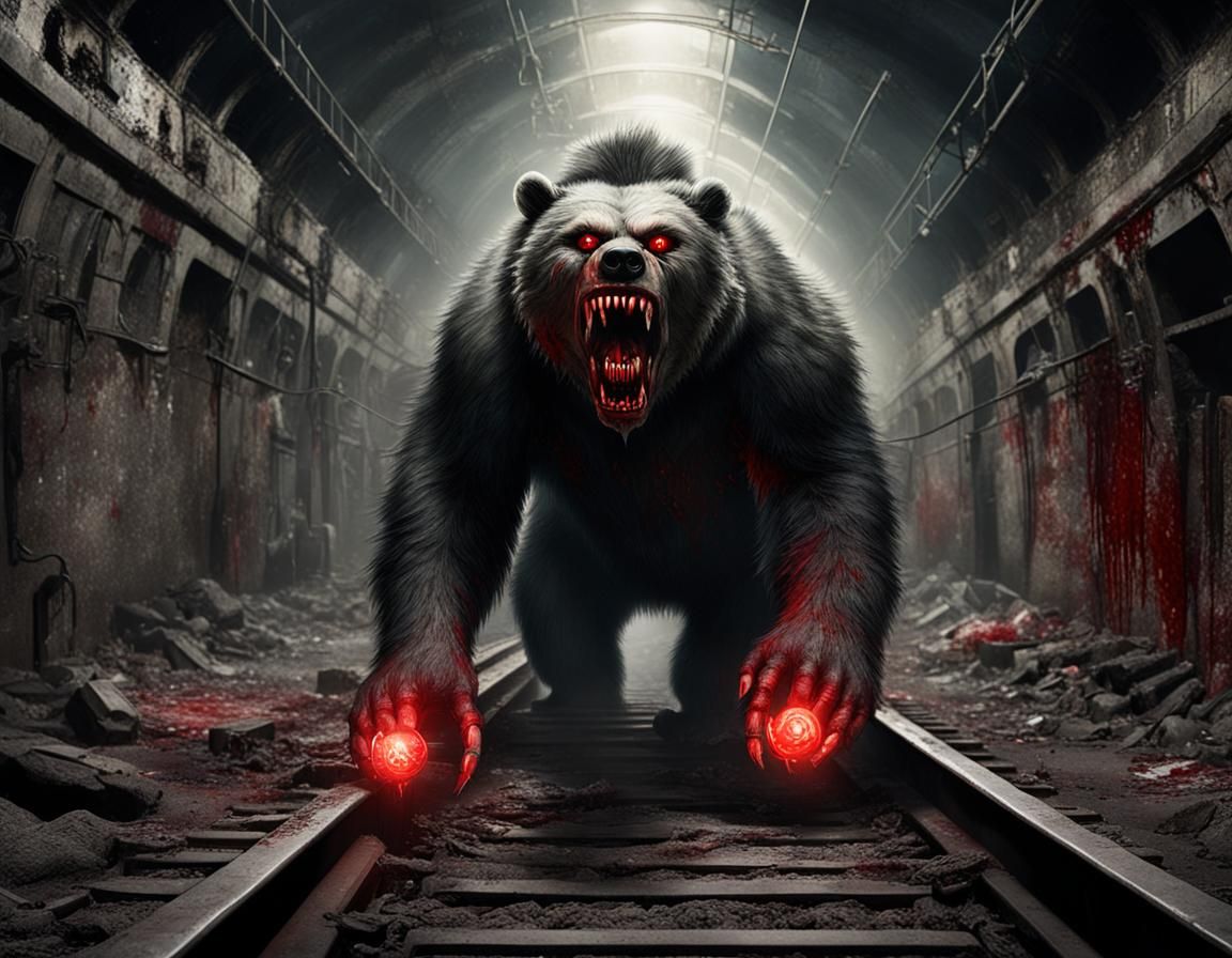 gray shaggy mutant bear with bloody bared teeth, long bloody claws, red ...