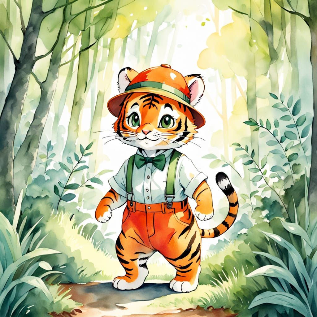 Whimsical Tiger Cub in a Lush Green Forest - AI Art