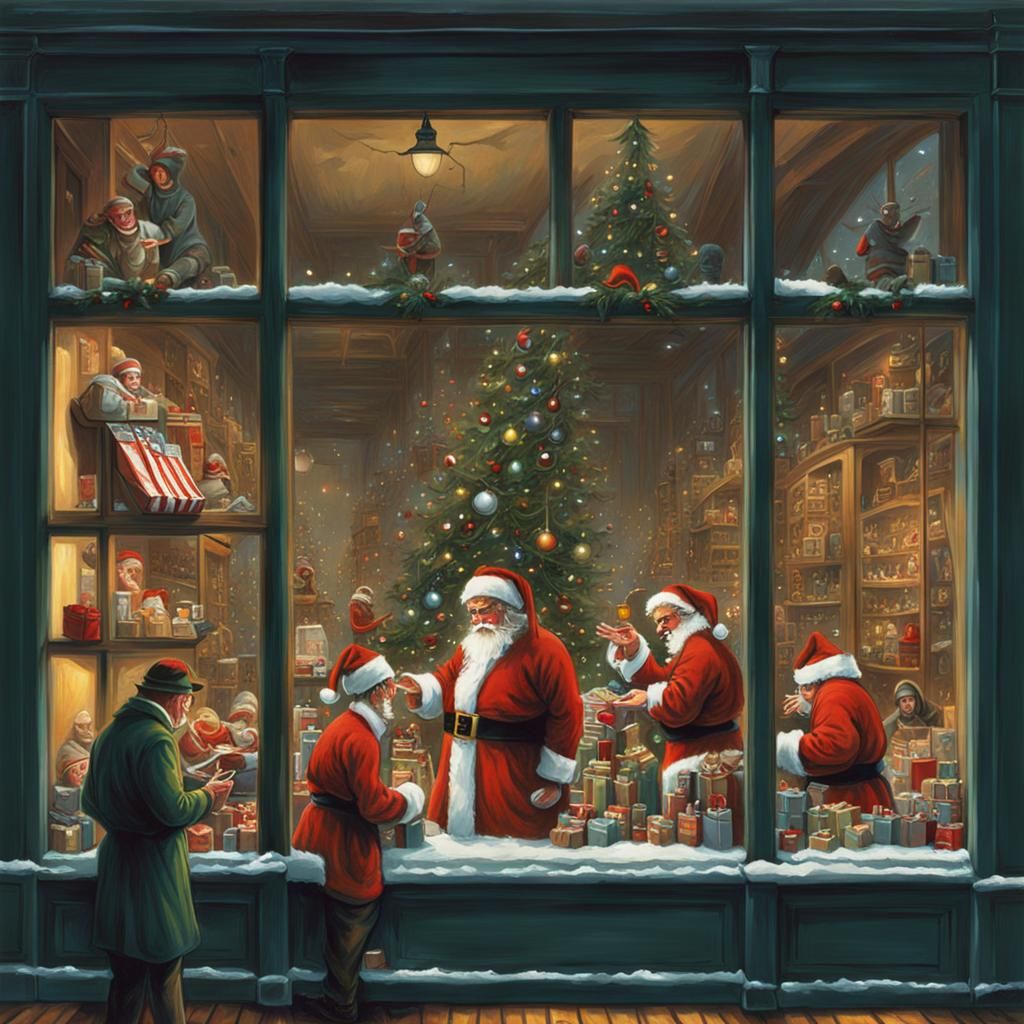 Santa's elves making toys in Christmas store window - AI Generated ...