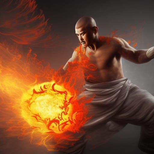 shaolin monk punching while surrounded in swirling flames, detailed ...