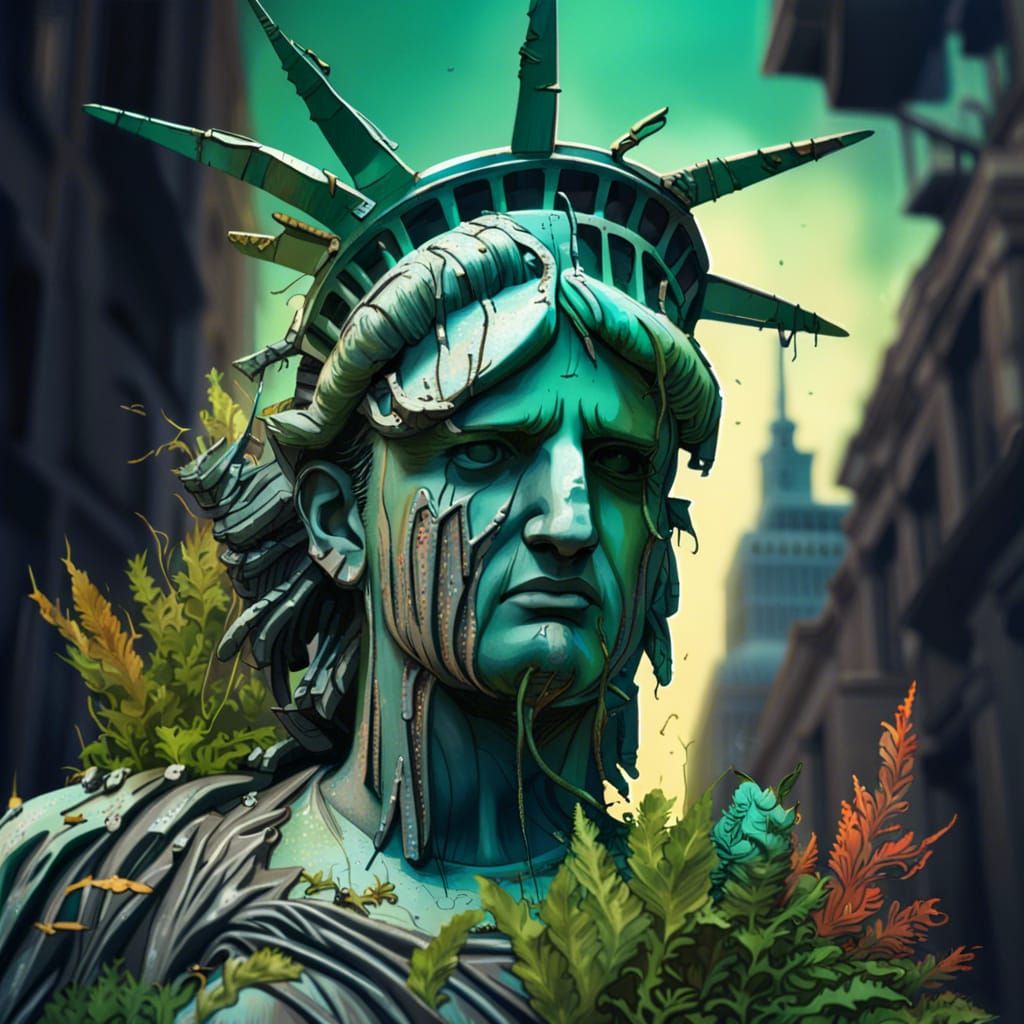 Statue of Liberty Old Decayed overgrown post apocalyptic - AI Generated ...