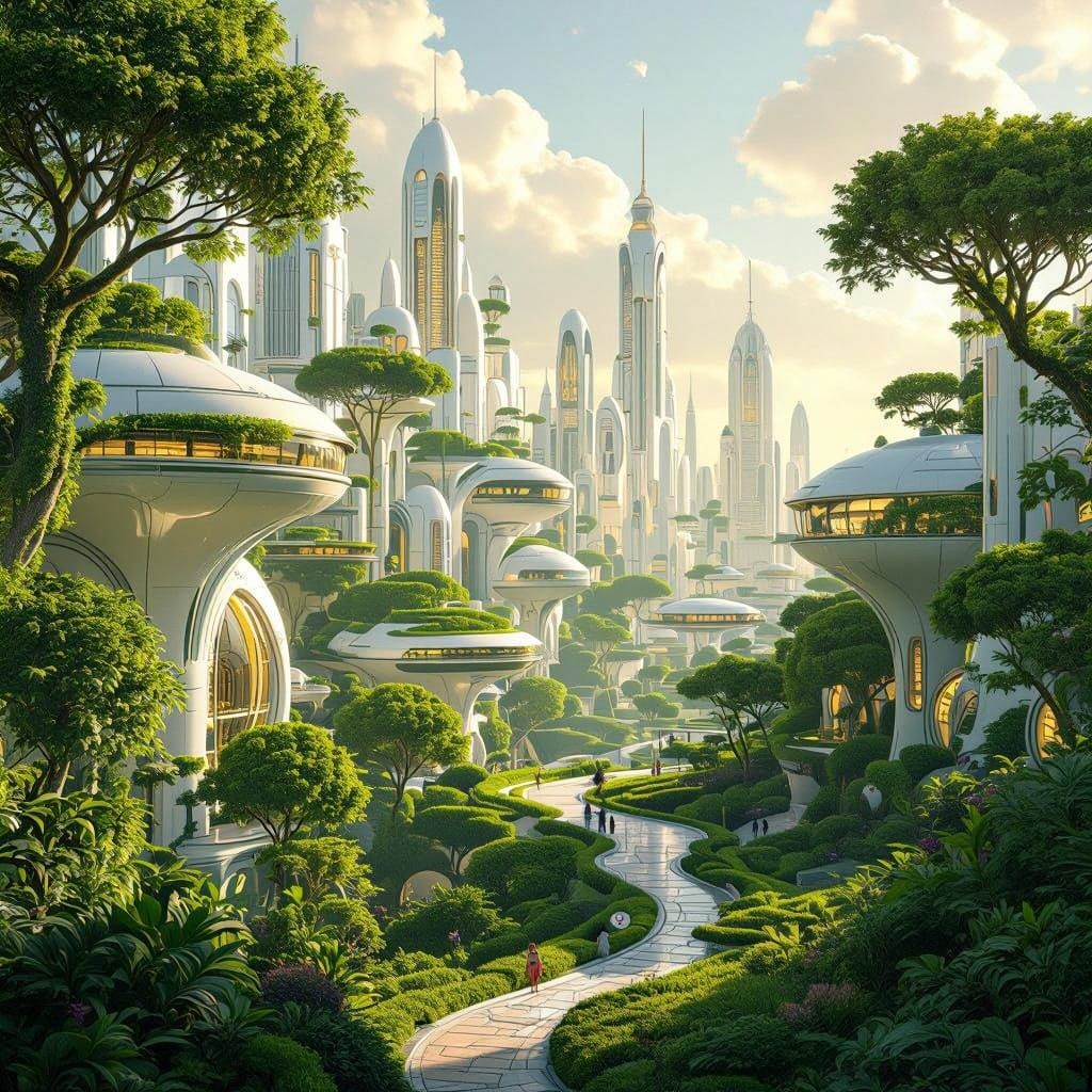 Solarpunk - Surreal Solarpunk Metropolis with Lush Gardens a...