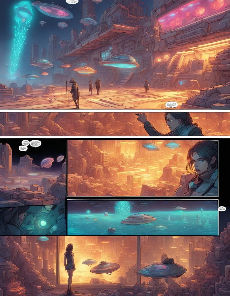 A (full page of a comic strip, 6 pictures, Advanced civilization build ...