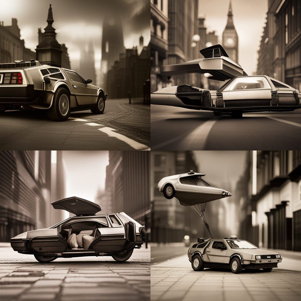 Realistic image of a Delorean car on a street in London in 1895 Mary ...