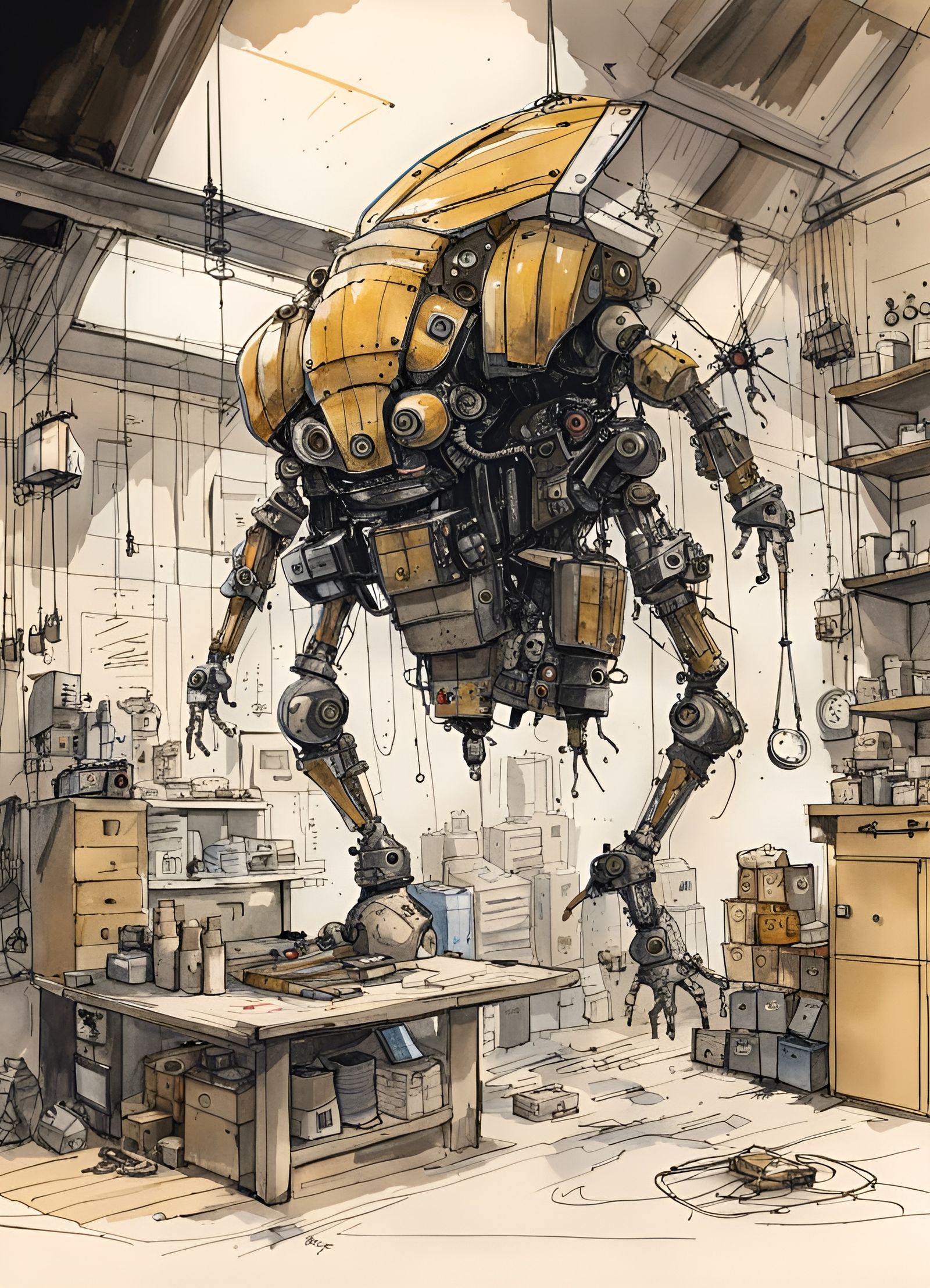 ink and marker sketch of a gigantic broken insectoid cyclops robot ...