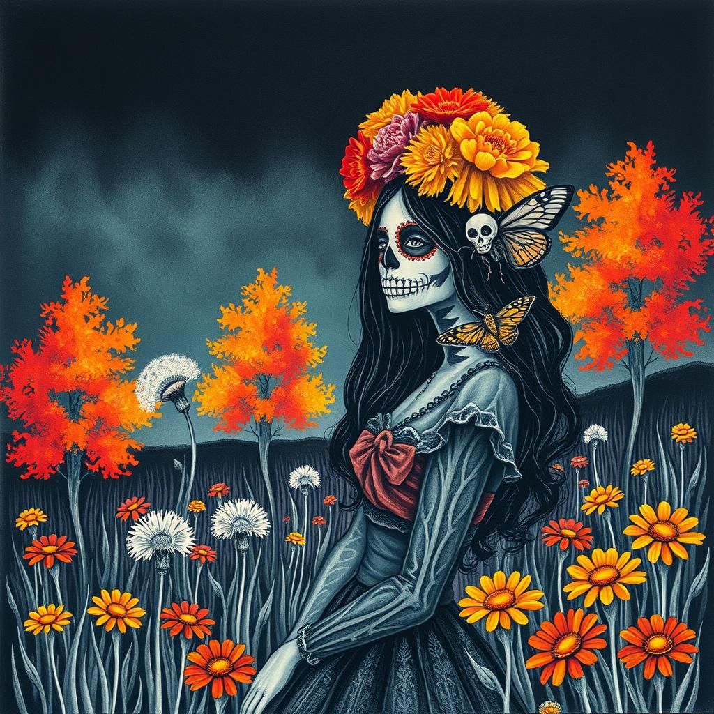 surreal autumn Halloween , highly detailed drawing a sugar skull death ...