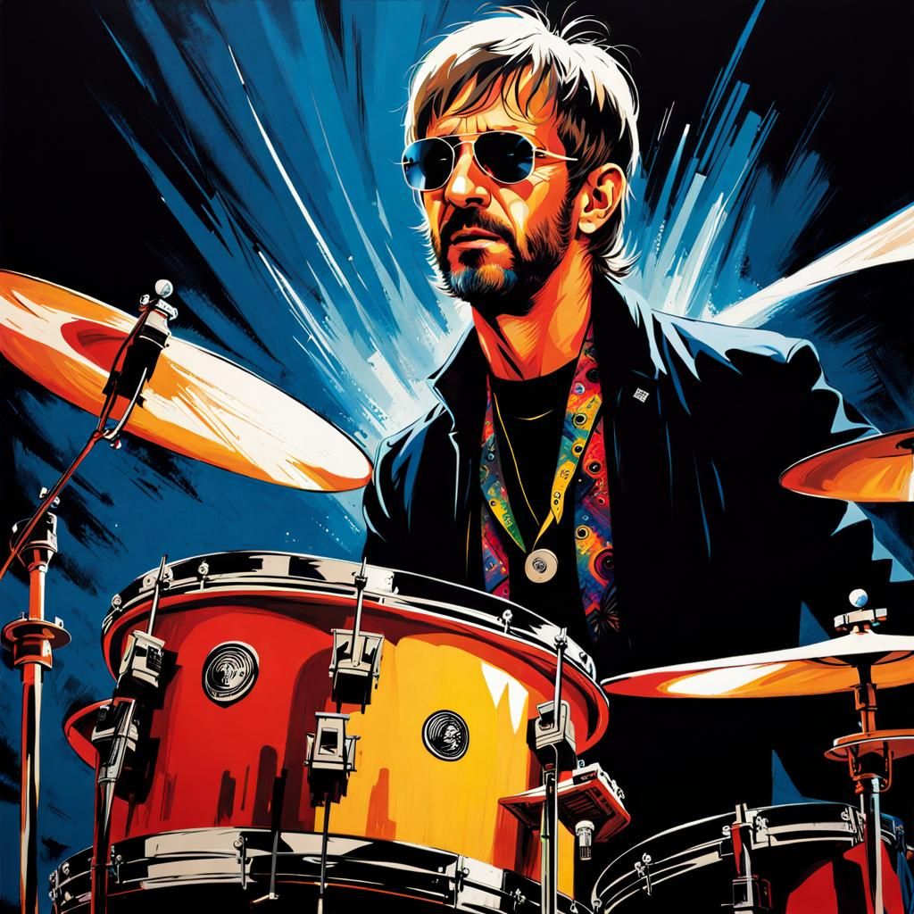 head and shoulders portrait of Ringo Starr playing the drums with a ...