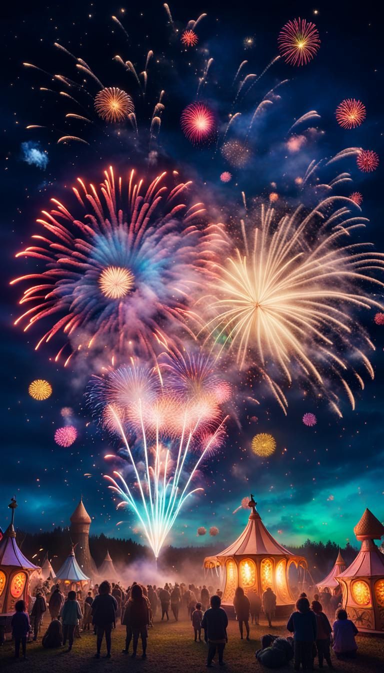 fireworks in the sky, side view on fantasy fireworks in wonderland ...