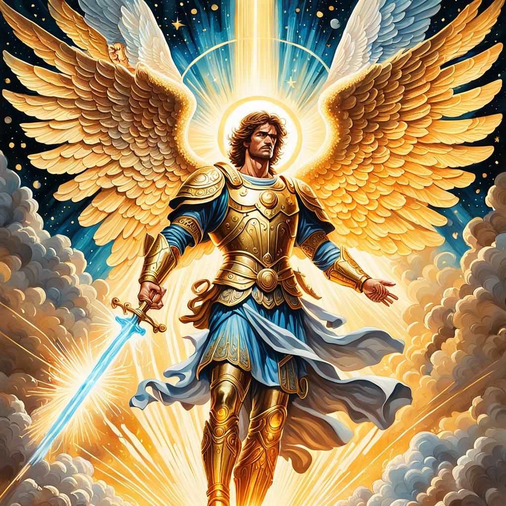 sky magic vintage holy archangel michael pray with wings and light glow ...