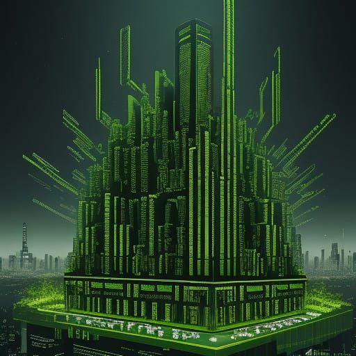 Emerging Cyberpunk Metropolis in Green ASCII Art - AI Art