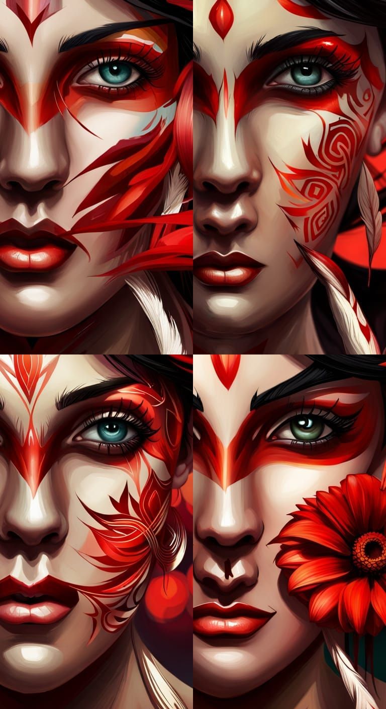 a digital painting of a woman with beautiful red tribal face paint, an ...
