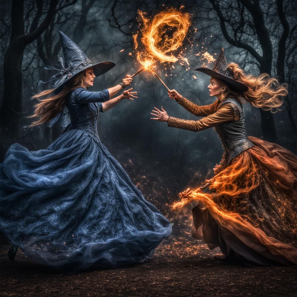 Good witch and evil witch fighting using their phenomenal powers ...