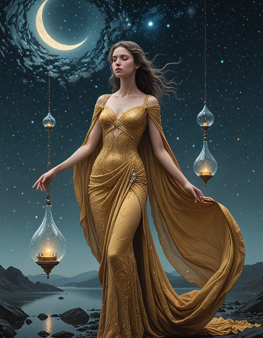 Ethereal Infinity Goddess in Golden Gown Amidst Wh... - AI Art