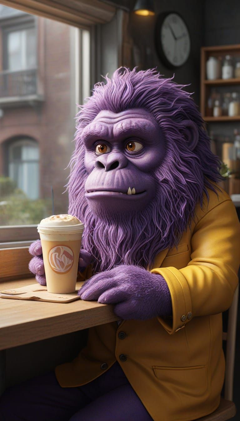 Surreal BigFoot Monster Sips Frozen Cappuccino in ... - AI Art