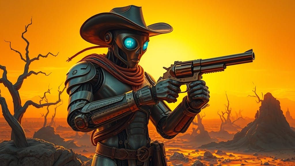 Futuristic Cowboy Android Stands Tall in a Distant... - AI Art