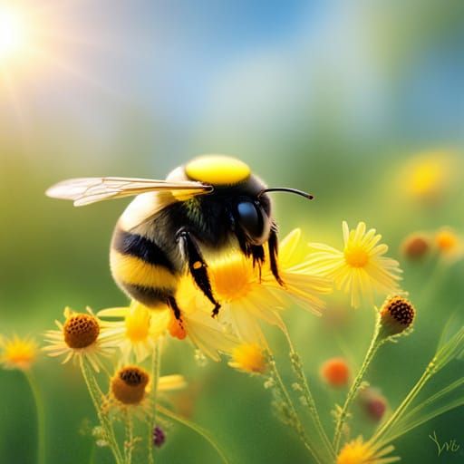 A bumblebee with fuzzy yellow and black stripes, hovering near a patch ...