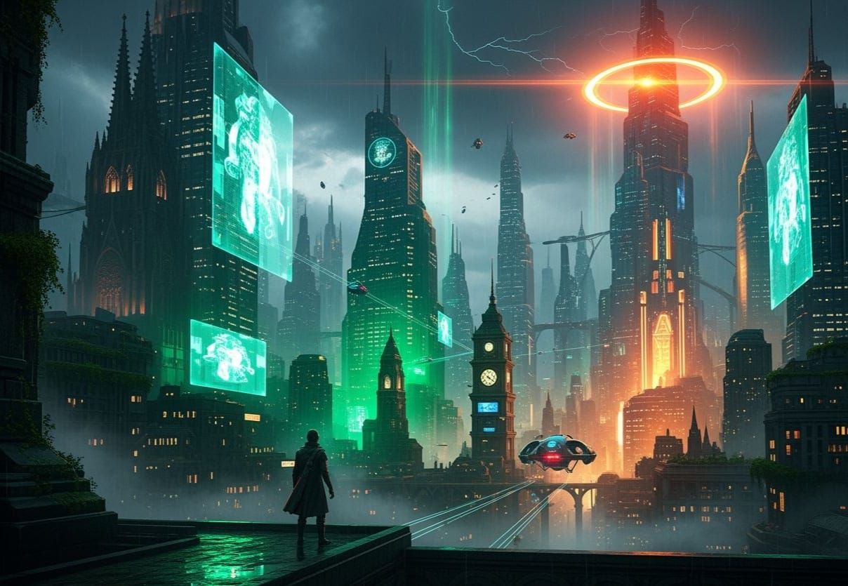 A breathtaking futuristic metropolis rises from ancient foundations, where towering crystalline ...