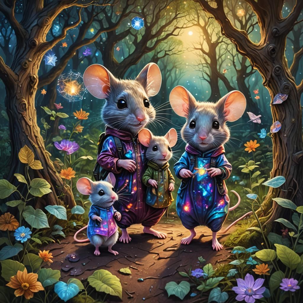 mama, papa and baby girl mice are hiking by in the woods to their new ...