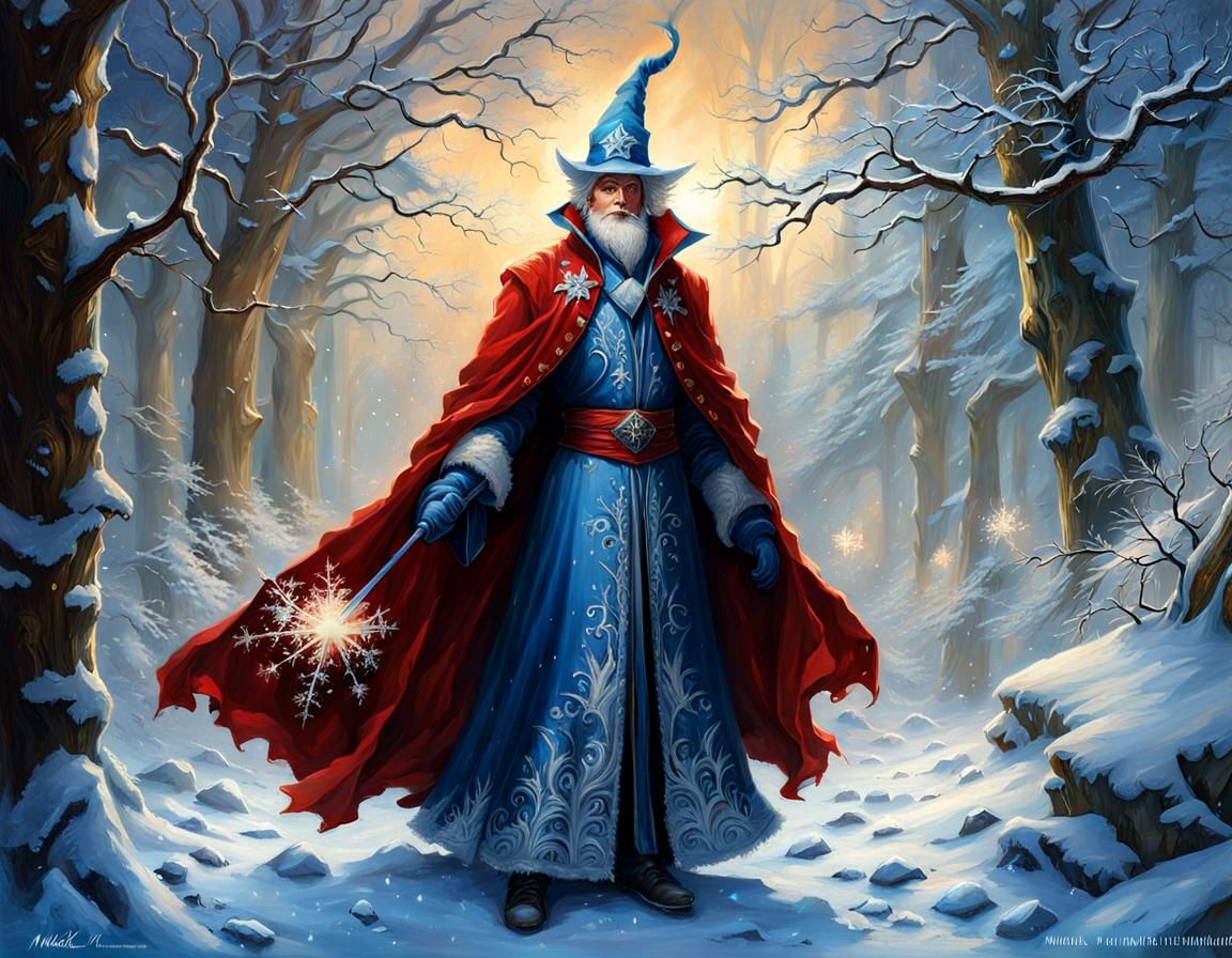 epic painting of sorcerer ( jack frost using magic to conjour snowflakes 1.5), magical, ancient ...