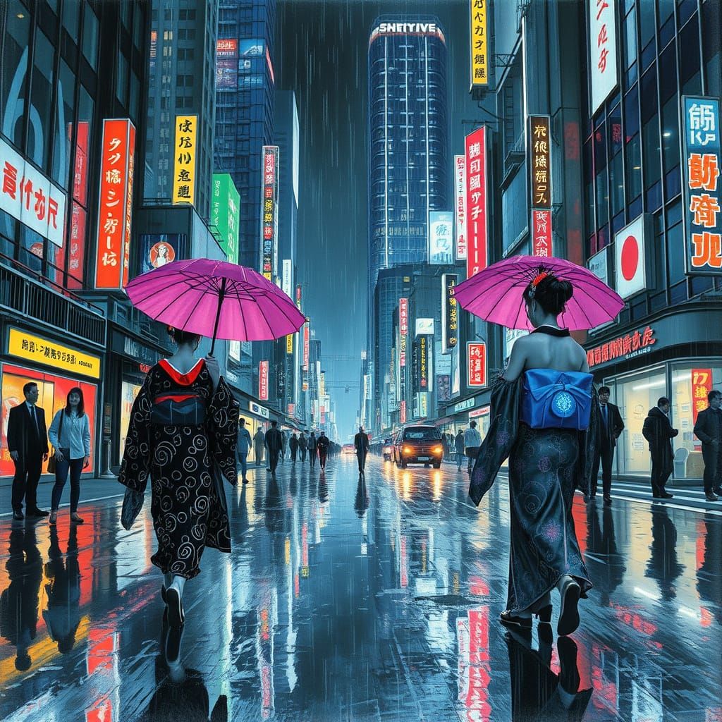 A futuristic, neon-lit Neo-Tokyo street on a rainy night