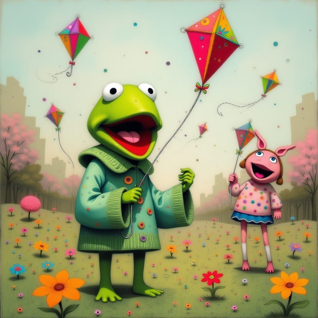 Kermit and Muppets Kite Flying, Kidcore Watercolor - AI Art