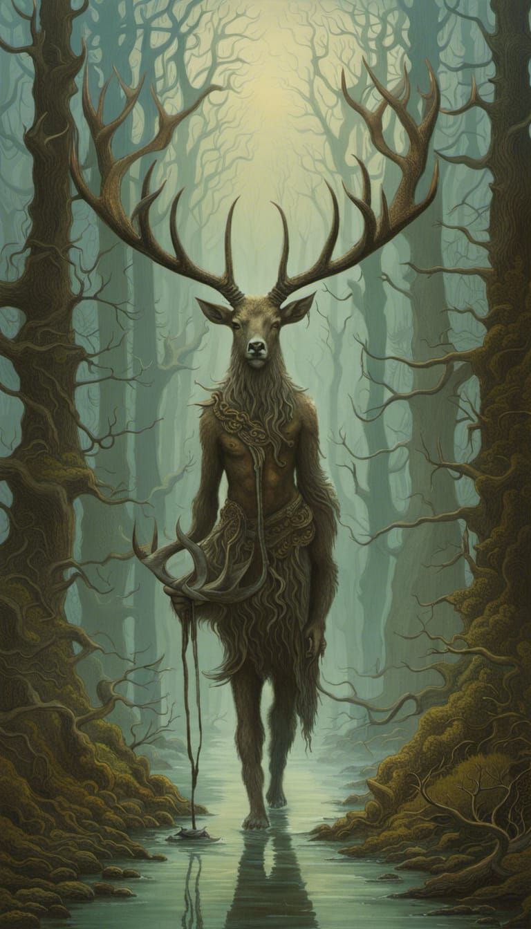 forest god walking in the swamp, person with antlers, giant horns, deer ...