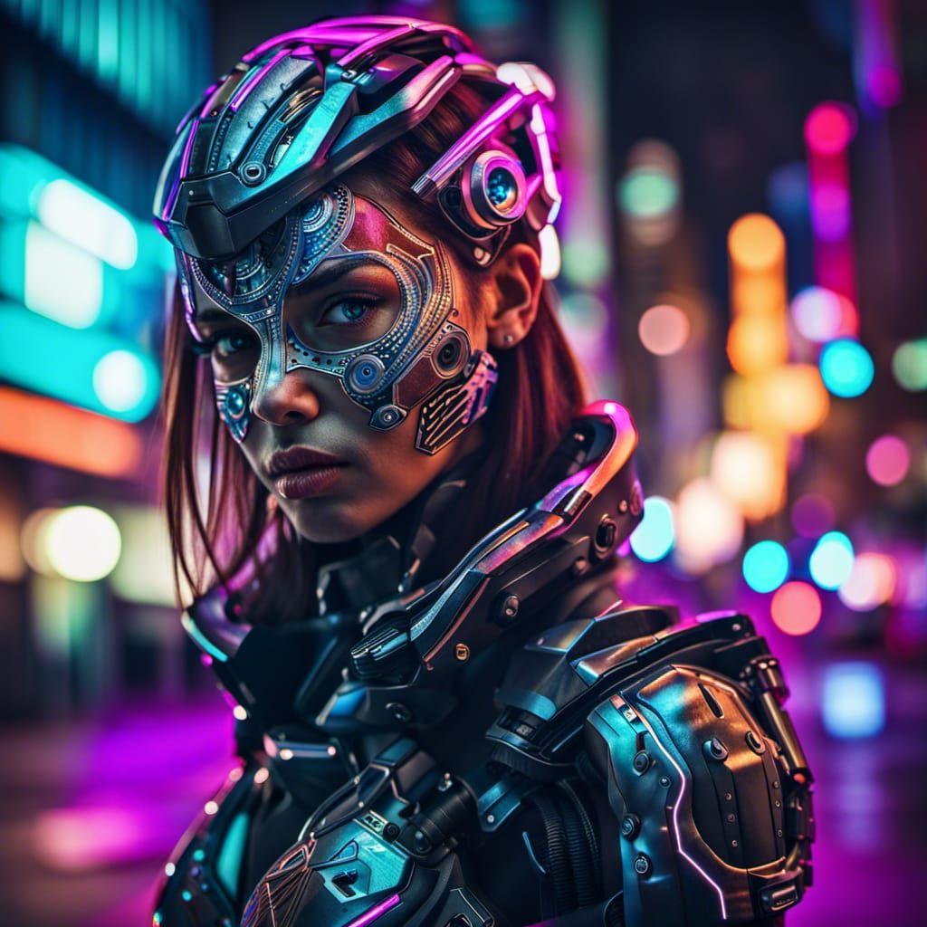 Portrait of a cyborg girl wearing futuristic face armor in a neon city ...