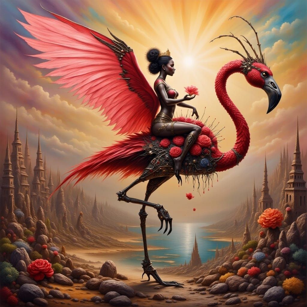 Princess Rides Mechanical Flamingo in Dystopian Ci... - AI Art