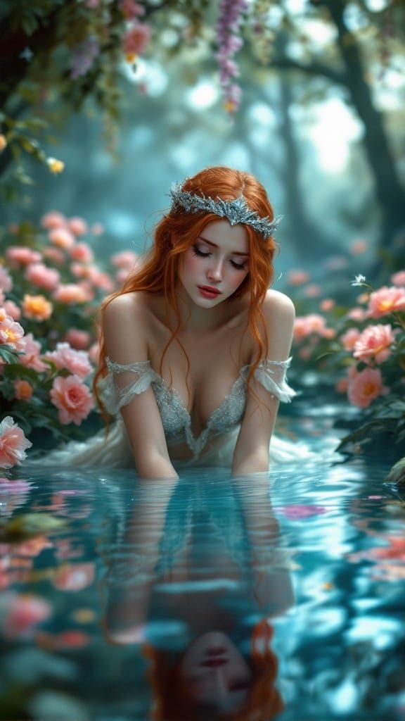 Angel Woman with Red Hair and Silver Crown in Myst... - AI Art