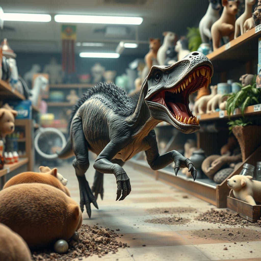 Extinct animal rampaging through a pet store
