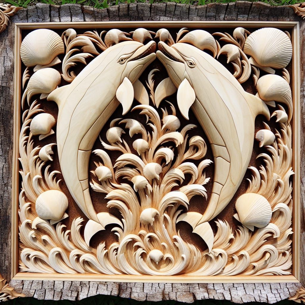 "A wooden paper portrait of (two dolphins) with falling shells, picture ...