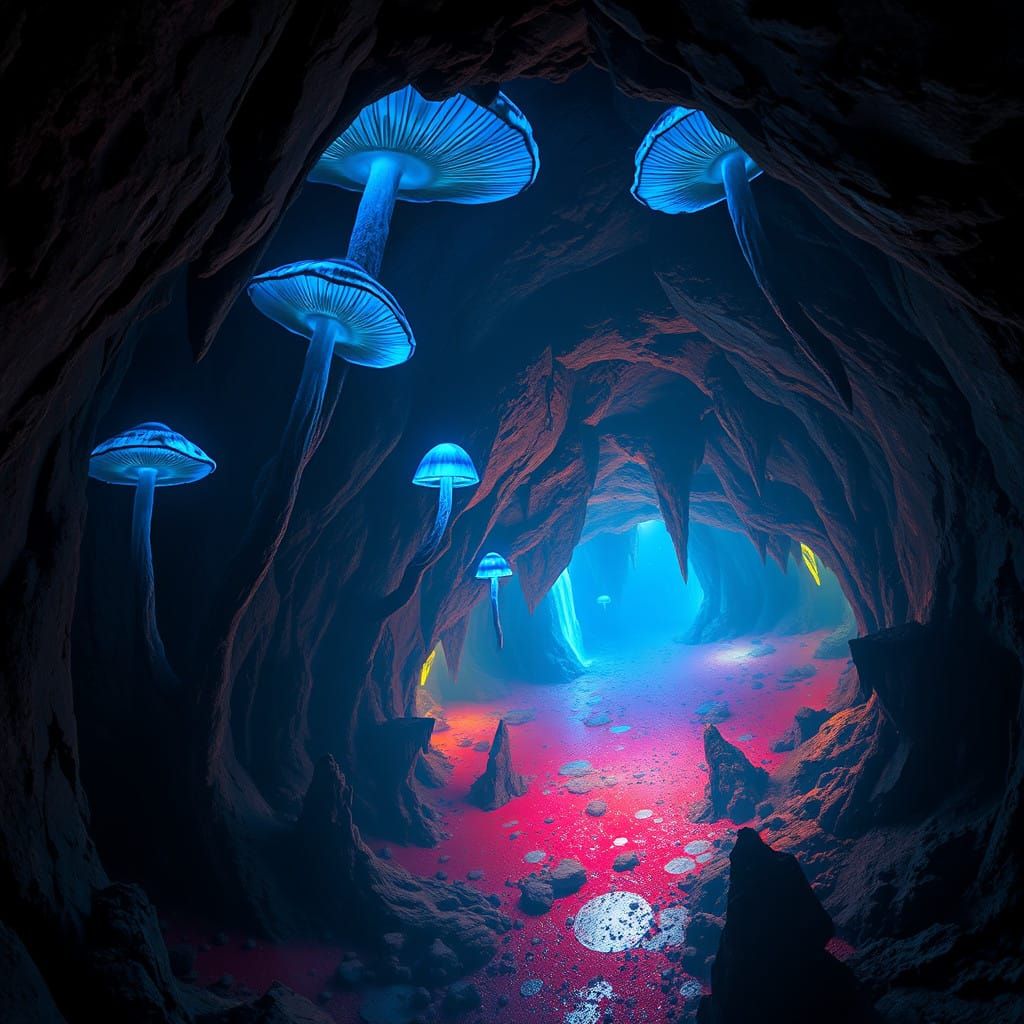 A bird's eye view inside of an enormous dark cavern