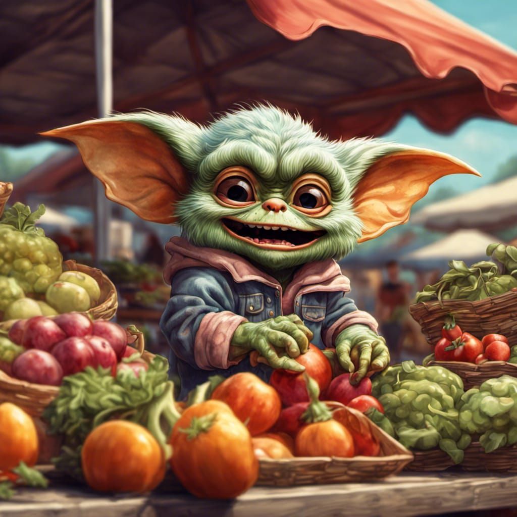 The adorable mischievous gremlin at the farmers market photorealistic ...