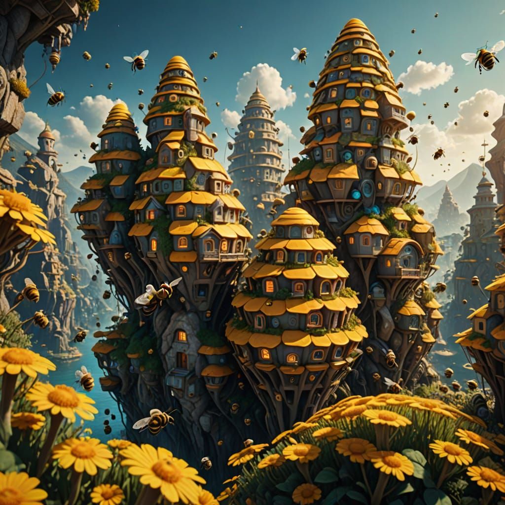 Whimsical Beehive Cityscape in Intricate Matte Pai... - AI Art