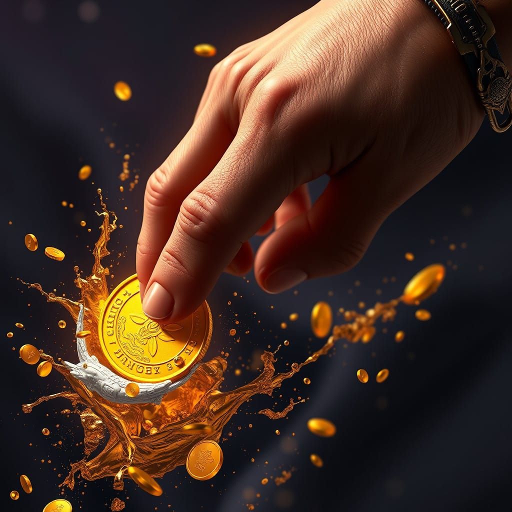 A hand grabbing a golden coin - Hand Grasping Golden Coin in...