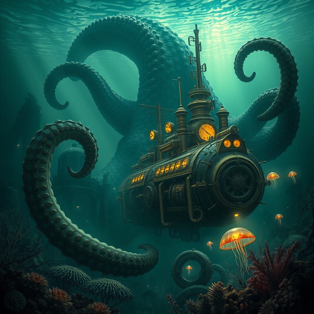 a colossal kraken wrapping its massive tentacles around a majestic steampunk submarine ...