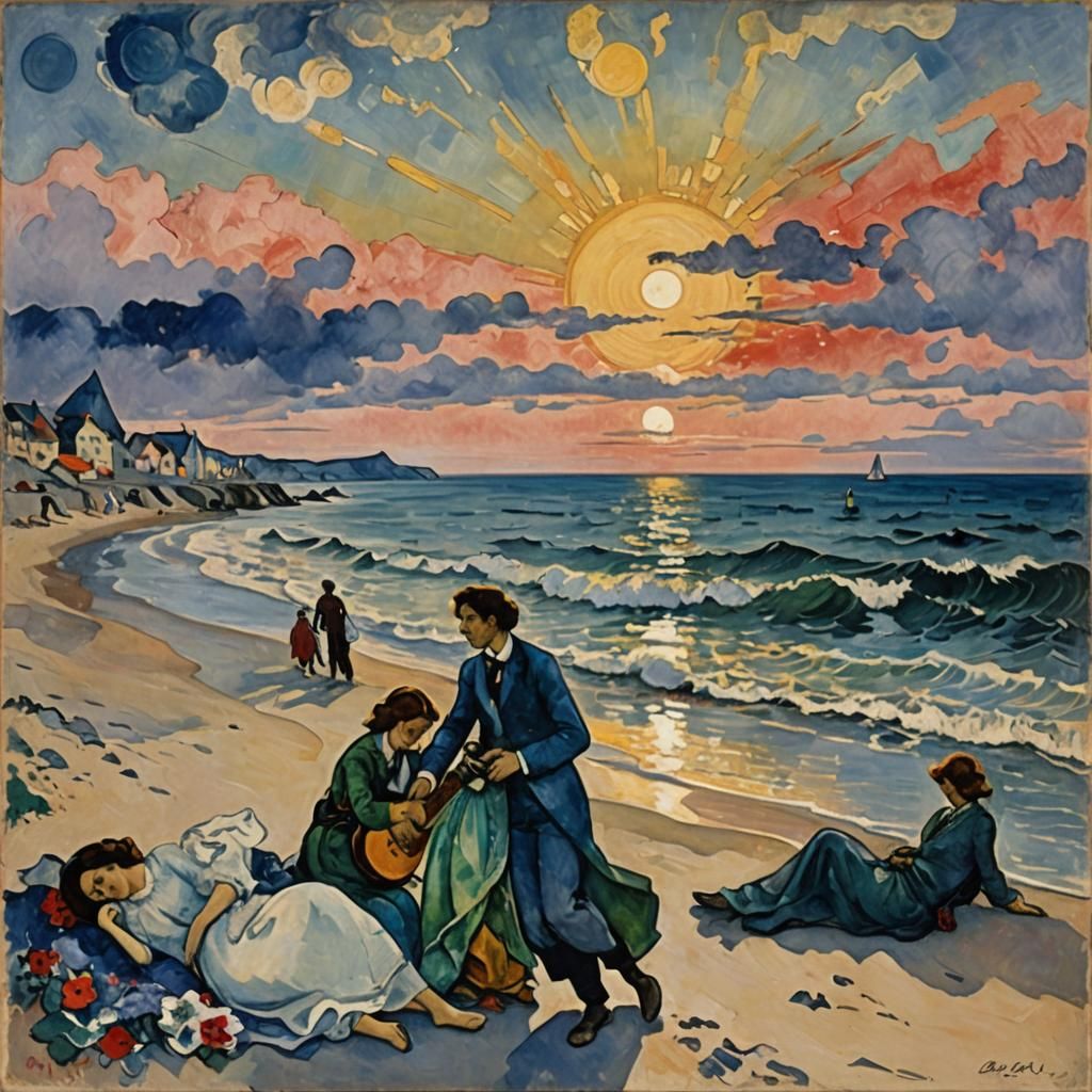 "Sunset on the beach by Mikhail Vrubel and Marc Chagall" - AI Generated ...