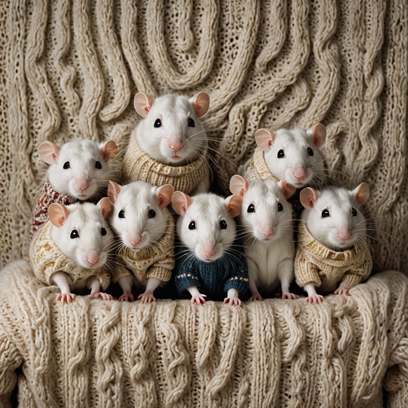a family of white rats wearing knitted sweaters. Professional ...