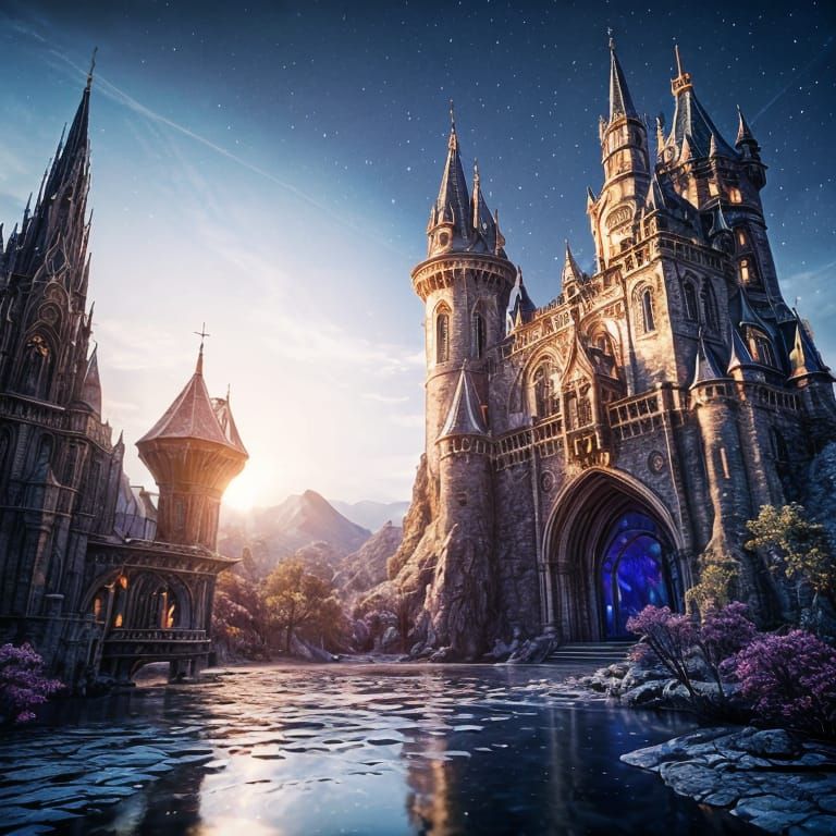Gothic Castle in a Fantastical Mica Crystal Villag... - AI Art