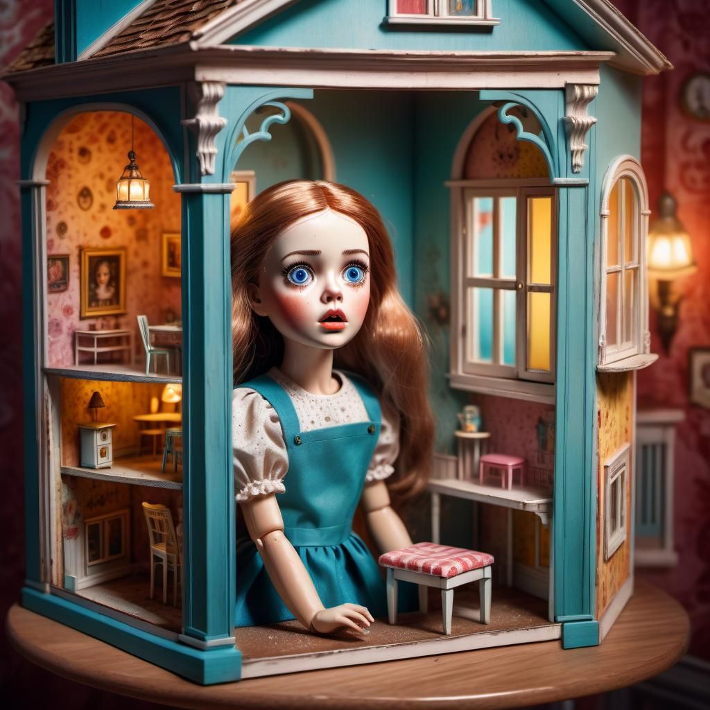 a surprised looking human girl inside of a vintage doll house ...