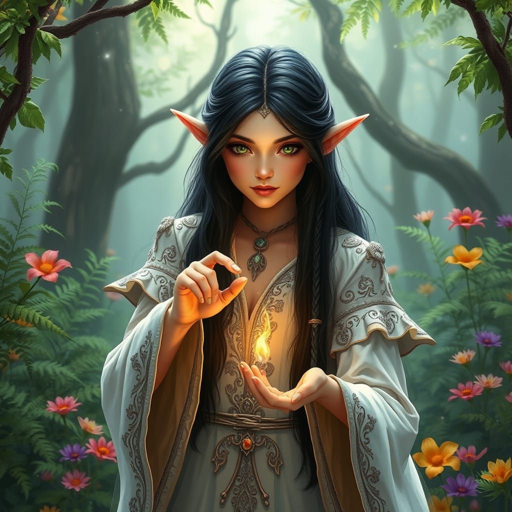 Elegant Female Elf Sorceress Weaves Magic in Whims... - AI Art