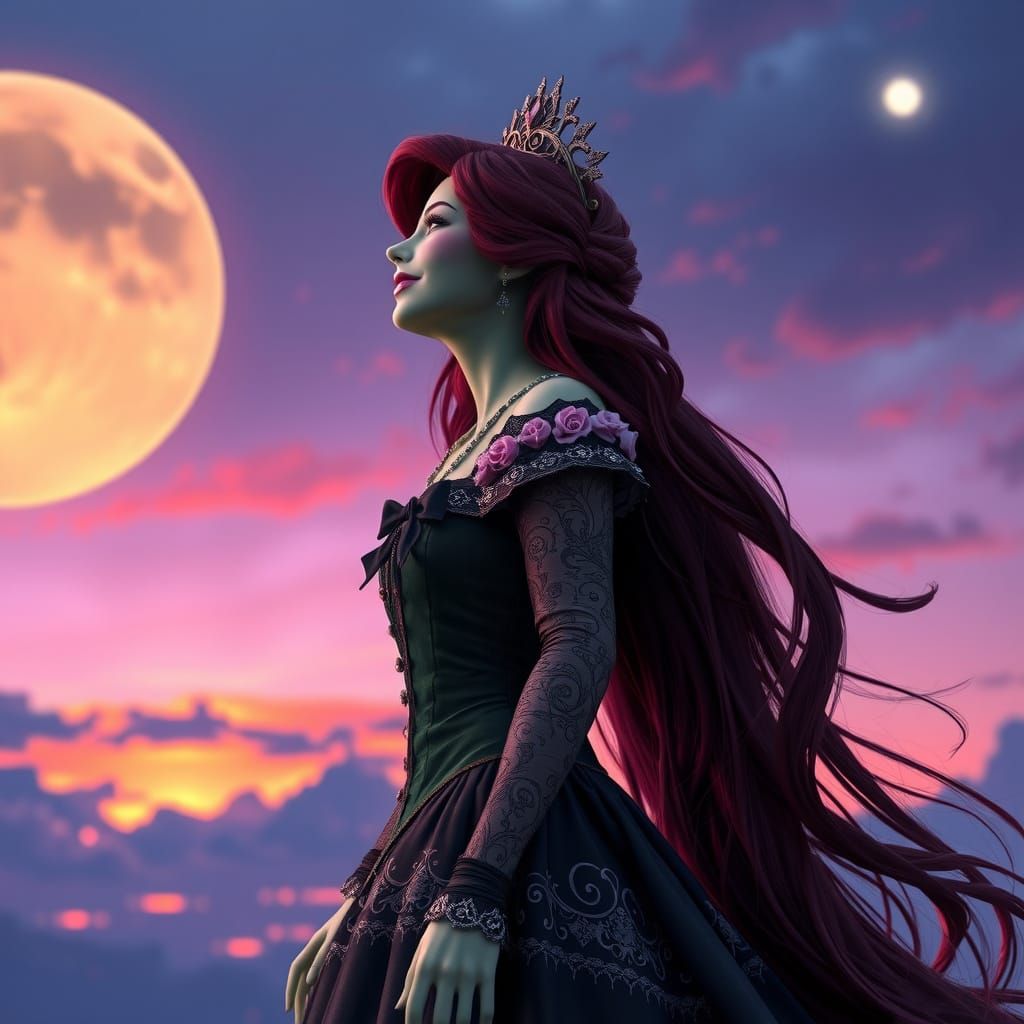 Princess Ariel in a Victorian gothic era outfit.