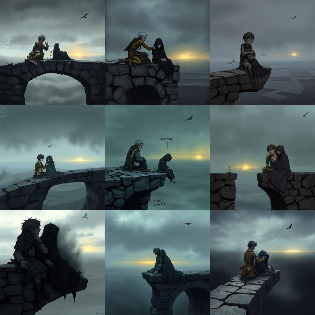 Two Figures on a Crumbling Bridge, Embracing Despa... - AI Art