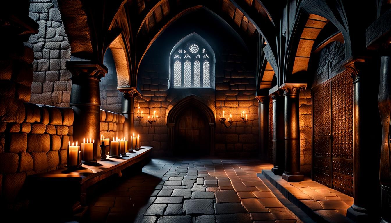 Middle age knight armors on dimly lit chambers of medieval lairs with ...