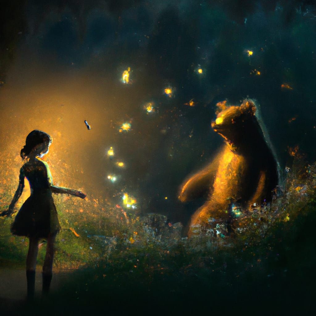 girl and bear dancing sorrunded by fireflies Epic cinematic brilliant stunning intricate ...